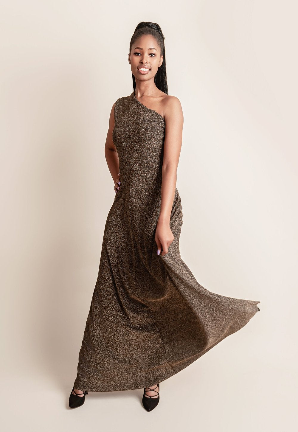 Fluidity One shoulder dress in gold bling for women